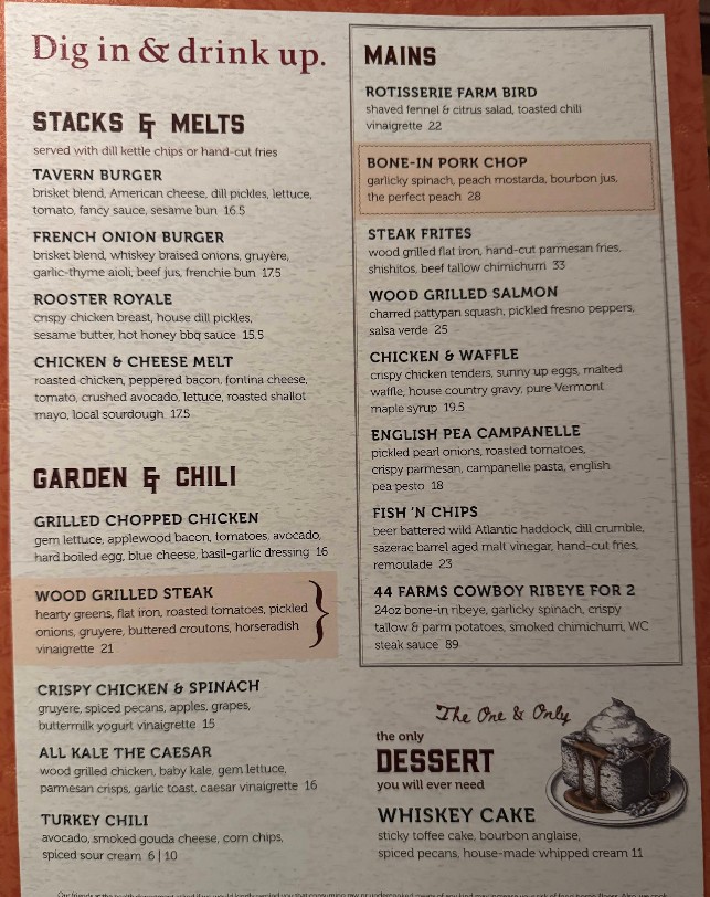 Las Colinas: Whiskey Cake Restaurant Menu – Farm-Fresh American Dining ...